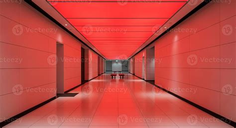Modern Red Lit Corridor A Liminal Space With Minimalist Design And