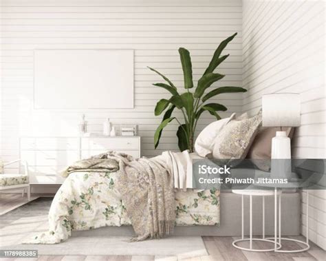 침실의 모형 포스터 프레임 흰색 나무 벽이있는 현대적인 클래식 스타일 3d 렌더링 실물 모형에 대한 스톡 사진 및 기타 이미지 실물 모형 아늑한 침실 Istock
