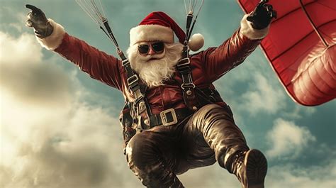 Santa Claus Skydiving With A Red Parachute Wearing A Leather Jacket