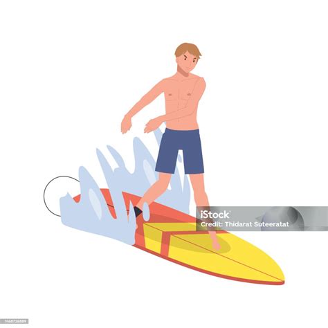 여름 수면 수상 스포츠 서핑 보드에 남자 파도타기 서핑 보드와 물방울 파도를 타고 있는 서퍼들 평면 벡터 그림 남자에 대한 스톡 벡터 아트 및 기타 이미지 Istock