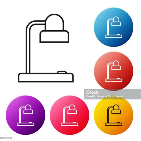 흰색 배경에 격리 된 검은 색 선 테이블 램프 아이콘입니다 테이블 사무실 램프입니다 아이콘 다채로운 원 버튼을 설정합니다 벡터 일러스트레이션 0명에 대한 스톡 벡터 아트 및