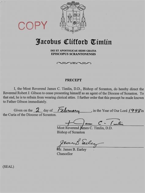 Bishop Timlins Precept And Decree On Father Robert Gibson Off My Knees February 23 2009