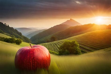 Premium Ai Image An Apple In The Middle Of A Field Of Green Grass And
