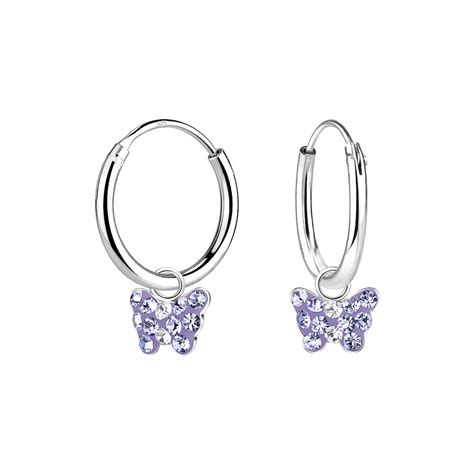Sweet Sterling Silver Hoop Earrings With Small Light Purple Butterfly