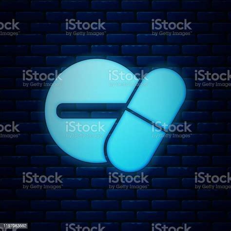 빛나는 네온 의학 알약 또는 벽돌 벽 배경에 격리 태블릿 아이콘 캡슐 알 약 및 약물 기호 약국 디자인 벡터 일러스트레이션 0명에 대한 스톡 벡터 아트 및 기타 이미지