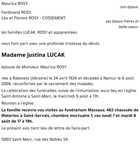 Avis De Décès De Justina Lucak Décédé Le 06 08 2006 à Namur Annonce