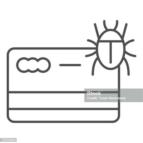 신용 카드 및 곤충 바이러스 얇은 라인 아이콘 웹 보안 개념 흰색 배경에 버그 오류 기호 모바일 및 웹 디자인에 대한 개요 스타일의 신용 카드 아이콘에 딱정벌레 벡터 그래픽