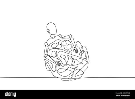 Single One Line Drawing Robot Hugging Tangled Circle Its A Long Process That Makes Anxiety To