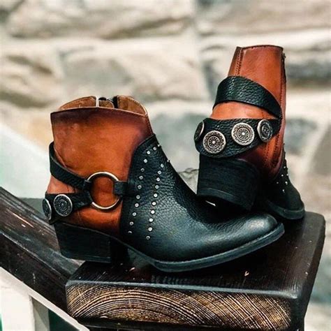 Qengg Women Ankle Boots Ladies British Pu Rivet Metal Buckle Woman