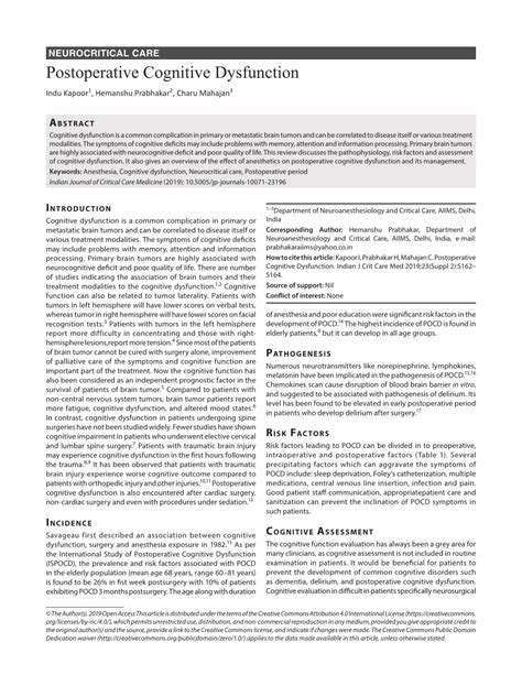 Pdf Postoperative Cognitive Dysfunction