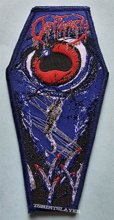 Obituary Cause Of Death Coffin Patch Blue Border Tshirtslayer Tshirt