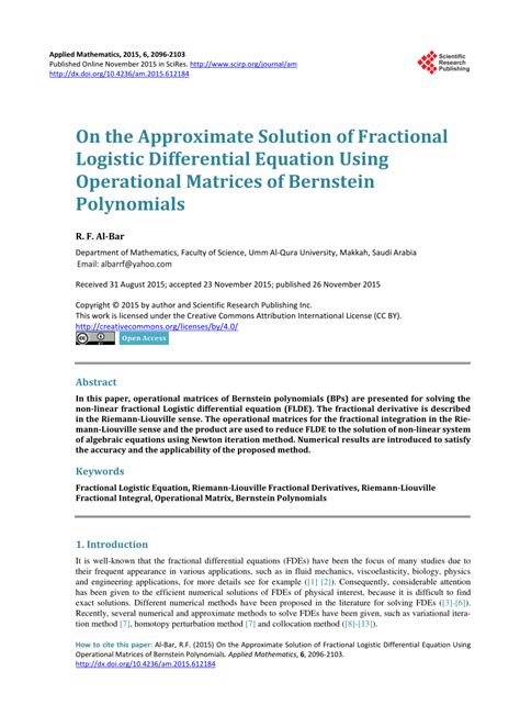 Pdf On The Approximate Solution Of Fractional Logistic Differential Equation Using Operational