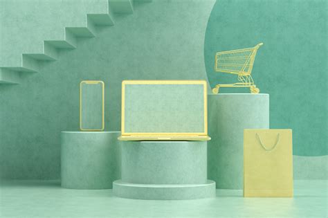 빈 화면 노트북 녹색 색상 배경에 쇼핑 백 스마트폰 최소한의 디자인 3차원 형태에 대한 스톡 사진 및 기타 이미지 3차원 형태 노트북 단일 이미지 Istock