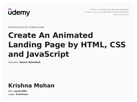 My Course Completion Certificate For Create An Animated Landing Page