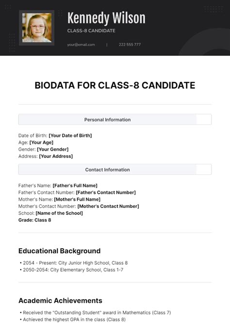 Free Biodata For Class 8 Candidate Template To Edit Online