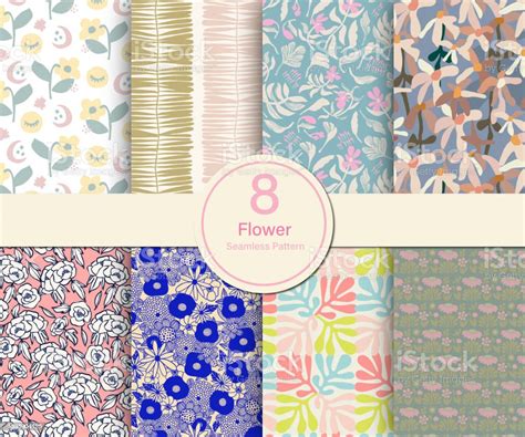 벡터 플라워 식물 테마 일러스트 8 종 반복 패턴 컬렉션 세트 주방 과 홈 데코 프린트 패션 패브릭 섬유 디지털 아트워크 템플