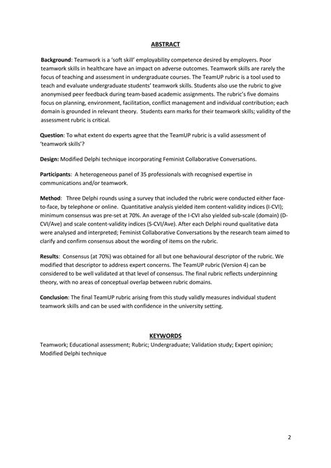 Expert Validation Of A Teamwork Assessment Rubric Parratt Fahy Et Al Pdf