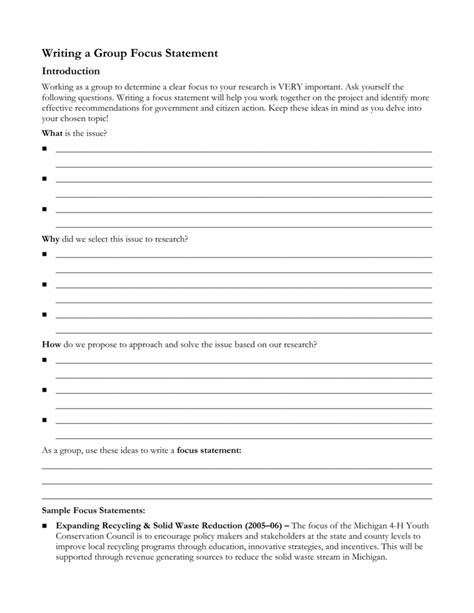 Writing A Group Focus Statement Worksheet