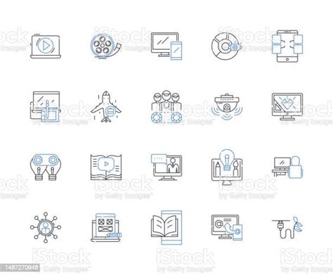 멀티미디어 회사 라인 아이콘 컬렉션입니다 디지털 혁신 콘텐츠 플랫폼 크리에이티브 엔터테인먼트 기술 벡터 및 선형 일러스트레이션 비디오 오디오 생산 개요 표지판 세트 아이콘에