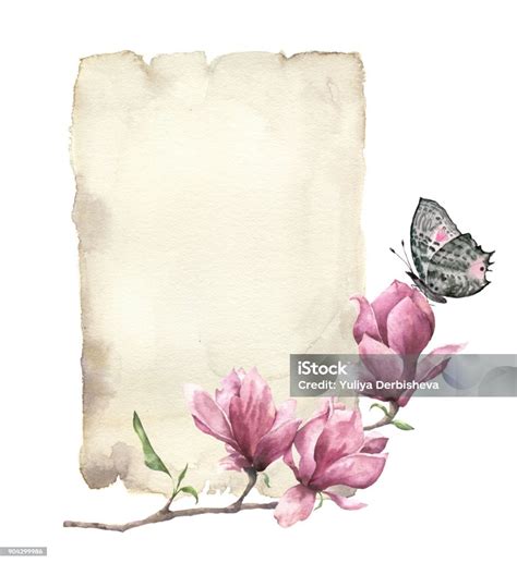 매 그 놀 리아와 나비 수채화 봄 카드입니다 손으로 그린 곤충과 꽃 디자인 흰색 배경에 고립 된 종이 질감 디자인 인쇄에 대 한