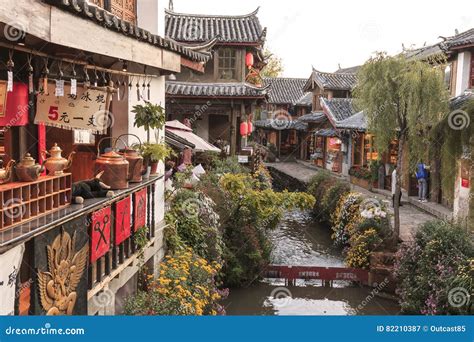 Panoramic View Of One Of The Canals In Lijiang Old Town At Sunset With