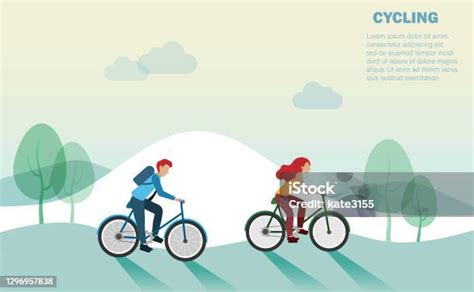 공원에서 자전거를 타고 젊은 부부 남자와 여자 운동 활동적인 휴티 라이프 스타일 친환경 교통에 대한 아이디어 가공의 인물에 대한 스톡 벡터 아트 및 기타 이미지 Istock