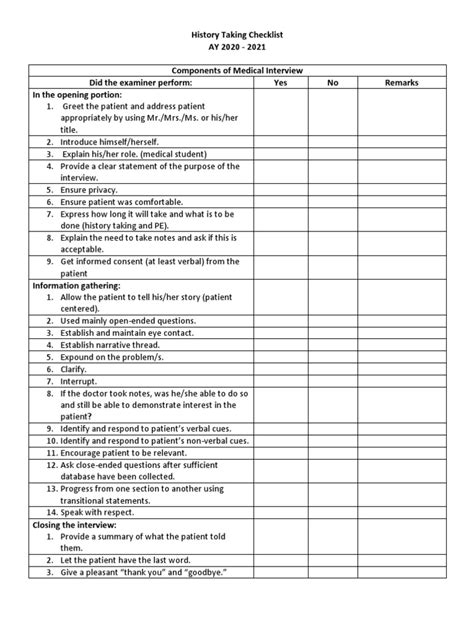 History Taking Checklist Download Free Pdf Diseases And Disorders Health Sciences