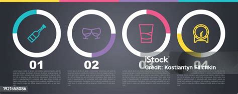 세트 라인 열린 와인 한 병 유리 코냑 또는 브랜디 보드카 및 랙에 있는 나무 통 비즈니스 인포그래픽 템플릿입니다 벡터 0명에 대한 스톡 벡터 아트 및 기타 이미지 Istock