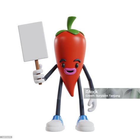 3d 만화 칠리 캐릭터는 오른손으로 흰 종이 플래카드를 들고 서 있다 3차원 형태에 대한 스톡 사진 및 기타 이미지 3차원 형태 공란 광고 Istock
