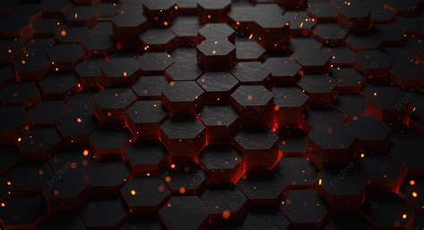 geometric dark hexagonal pattern with glowing red particles and sparks