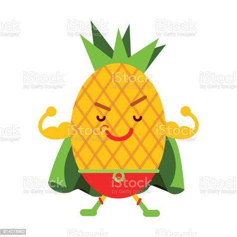 귀여운 만화 마스크와 녹색 케이프 다채로운 슈퍼 히어로 파인애플 미소 Humanized 과일 문자 벡터 일러스트 레이 션 건강한 생활방식에 대한 스톡 벡터 아트 및 기타