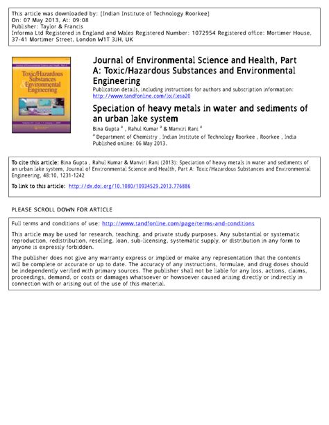 Pdf Speciation Of Heavy Metals In Water And Sediments Of An Urban