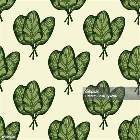 베이지 색 배경에 매끄러운 패턴 무리 시금치 샐러드 양상추와 간단한 장식 건강한 식생활에 대한 스톡 벡터 아트 및 기타 이미지 건강한 식생활 기하 도형 나뭇가지