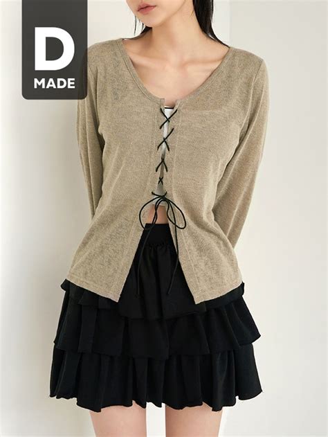 당당걸 Made 빅사이즈 55 99 랑스 리본 스트랩 아일렛 브이넥 긴팔 가디건 티셔츠 발레코어룩