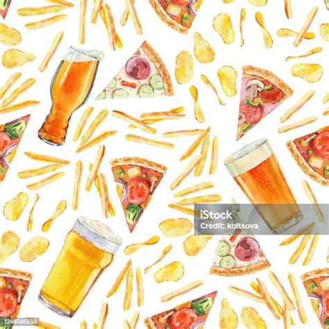 원활한 패턴 수채화 10 월 페스트 맥주 컬렉션 프리첼 소시지 감자 튀김 드래프트 맥주와 스낵클래식 10월페스트 맥주 잔 맥주에 대한 스톡 벡터 아트 및 기타 이미지