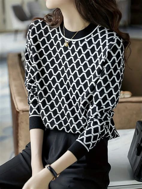 체크 무늬 크루넥 풀오버 스웨터 캐주얼 긴팔 심플 스웨터 여성 의류 Temu Republic Of Korea