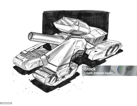 공상 과학 미래 군사 탱크 또는 포병 디자인의 검정 잉크 컨셉 아트 드로잉 개념에 대한 스톡 벡터 아트 및 기타 이미지 개념 거친 검은색 Istock