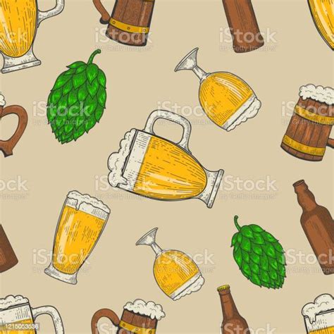 맥주 머그잔과 홉이 있는 매끄러운 패턴 포스터 패키지 카드 배너 전단지를위한 빈티지 디자인 벡터 일러스트레이션 10월에 대한 스톡 벡터 아트 및 기타 이미지 Istock