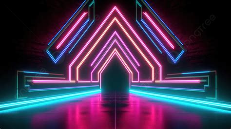 활기찬 네온 배경에 네온 화살표와 아치의 3d 렌더링 네온 라인 어두운 빛 네온 룸 배경 일러스트 및 사진 무료 다운로드