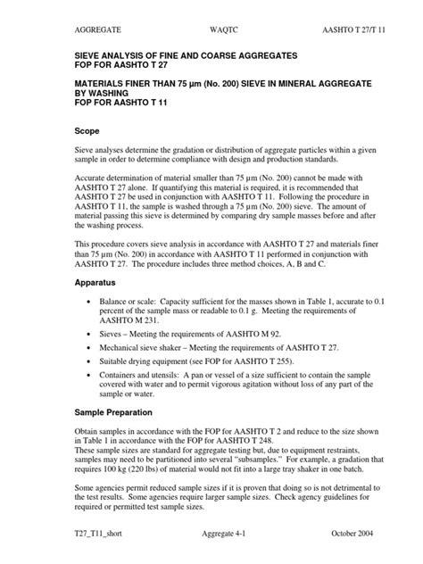 Aashto T 27 Sieve Analysis Of Fine And Coarse Aggregates Aashto T 11