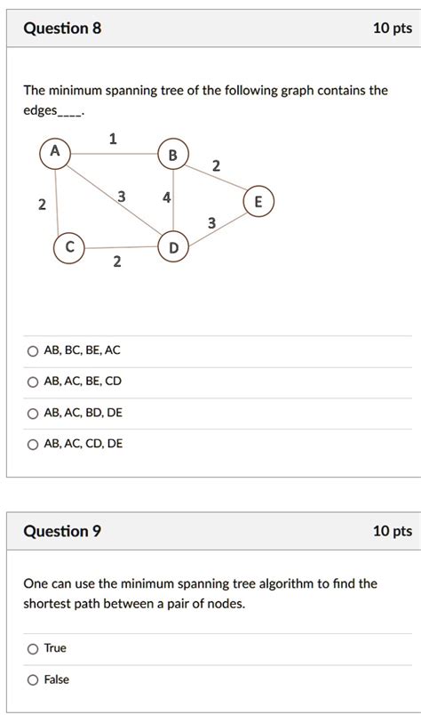 Solved Question 8 10 Pts The Minimum Spanning Tree Of The Following