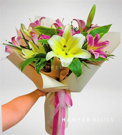 Pink And White Lily Mix Flower Bouquet Hamper Basics