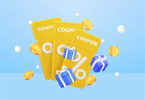 다른 할인 쿠폰 날아 다니는 동전과 선물로 선물이 있는 쿠폰과 백분율 기호가 있는 쿠폰 온라인 바겐 세일 쇼핑의 창조적 인 개념