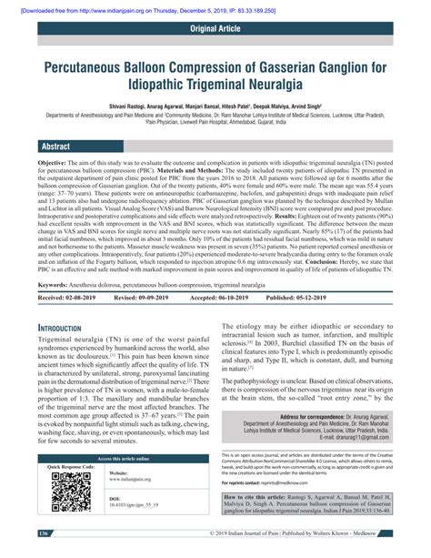 PDF Percutaneous Balloon Compression Of Gasserian Ganglion For Idiopathic Trigeminal Neuralgia