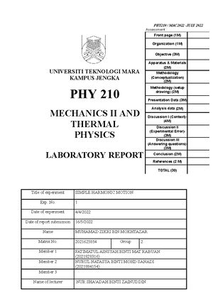 Physics Experiment Lab Simple Harmonic Motion PHY MECHANICS II AND THERMAL PHYSICS
