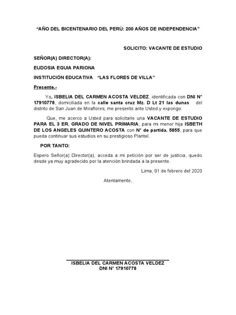 Solicitud De Vacante De Colegio Pdf
