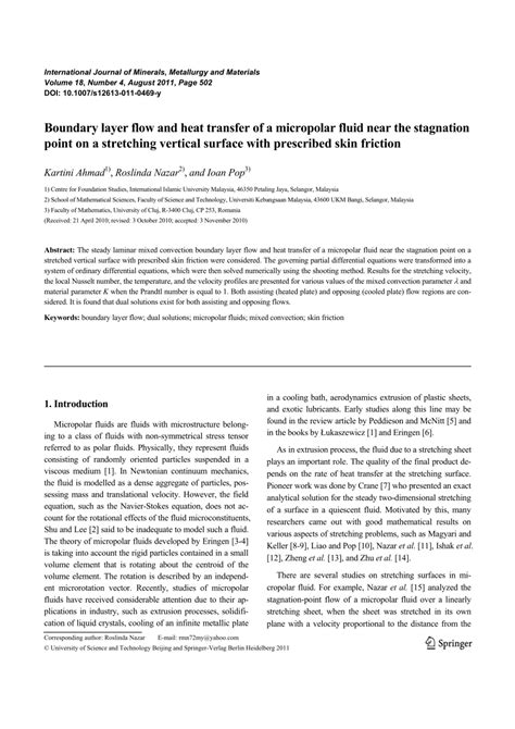 Pdf Boundary Layer Flow And Heat Transfer Of A Micropolar Fluid Near The Stagnation Point On A