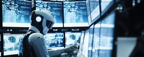 A Humanoid Robot Monitors Data On Multiple Screens In A Hightech Control Room Premium Ai