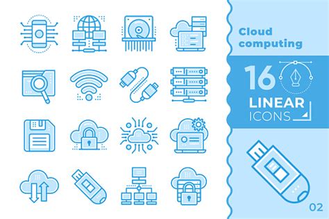 클라우드 컴퓨팅 인터넷 기술 데이터 보안의 선형 아이콘 설정 합니다 프레 젠 테이 션 모바일 애플 리 케이 션 웹사이트 인터페이스에 대 한 적합 하 고 인쇄 0명에 대한
