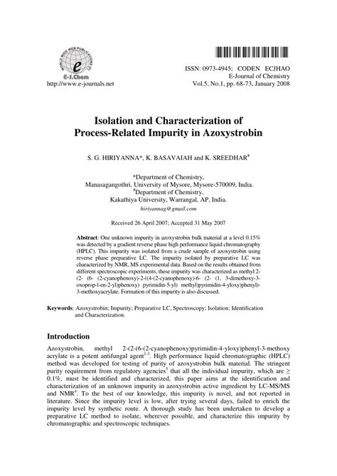 Pdf Isolation And Characterization Of Process Related Impurity In Azoxystrobin